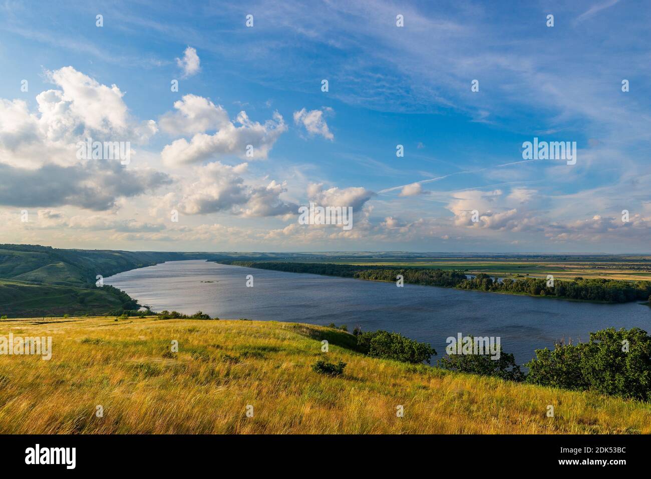Panoramic view of the river Don and hills, slopes, steppe coast, gully ...