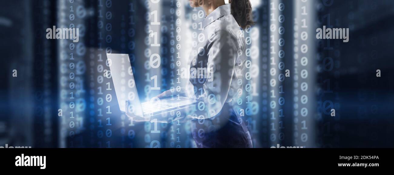 Big data statistics and business analytics concept. Binary code Information on virtual screen ...