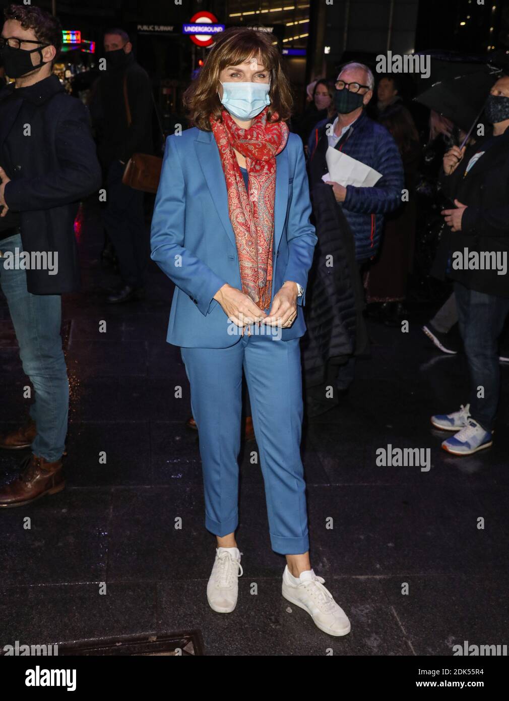 Fiona Bruce wearing a face mask attends the Press Night for a Christmas ...