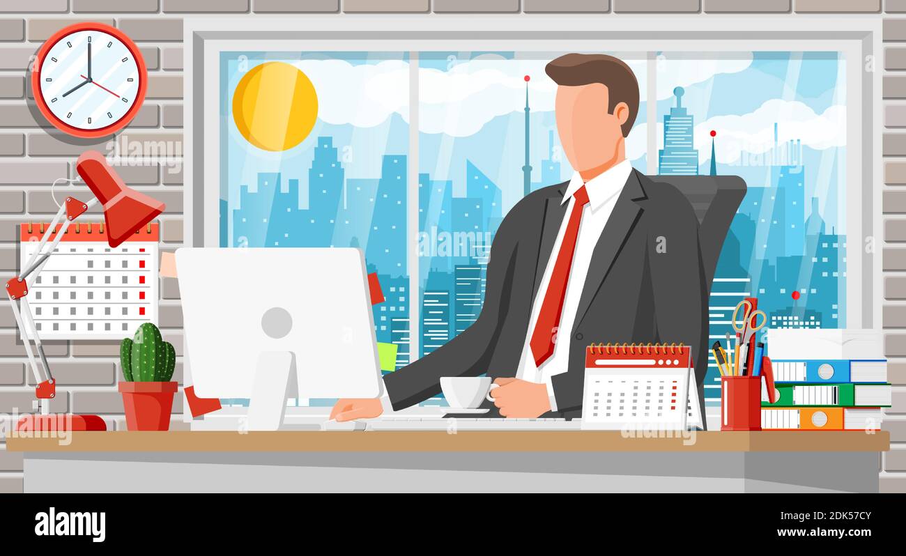 Office building interior. Businessman at desk with computer, chair ...