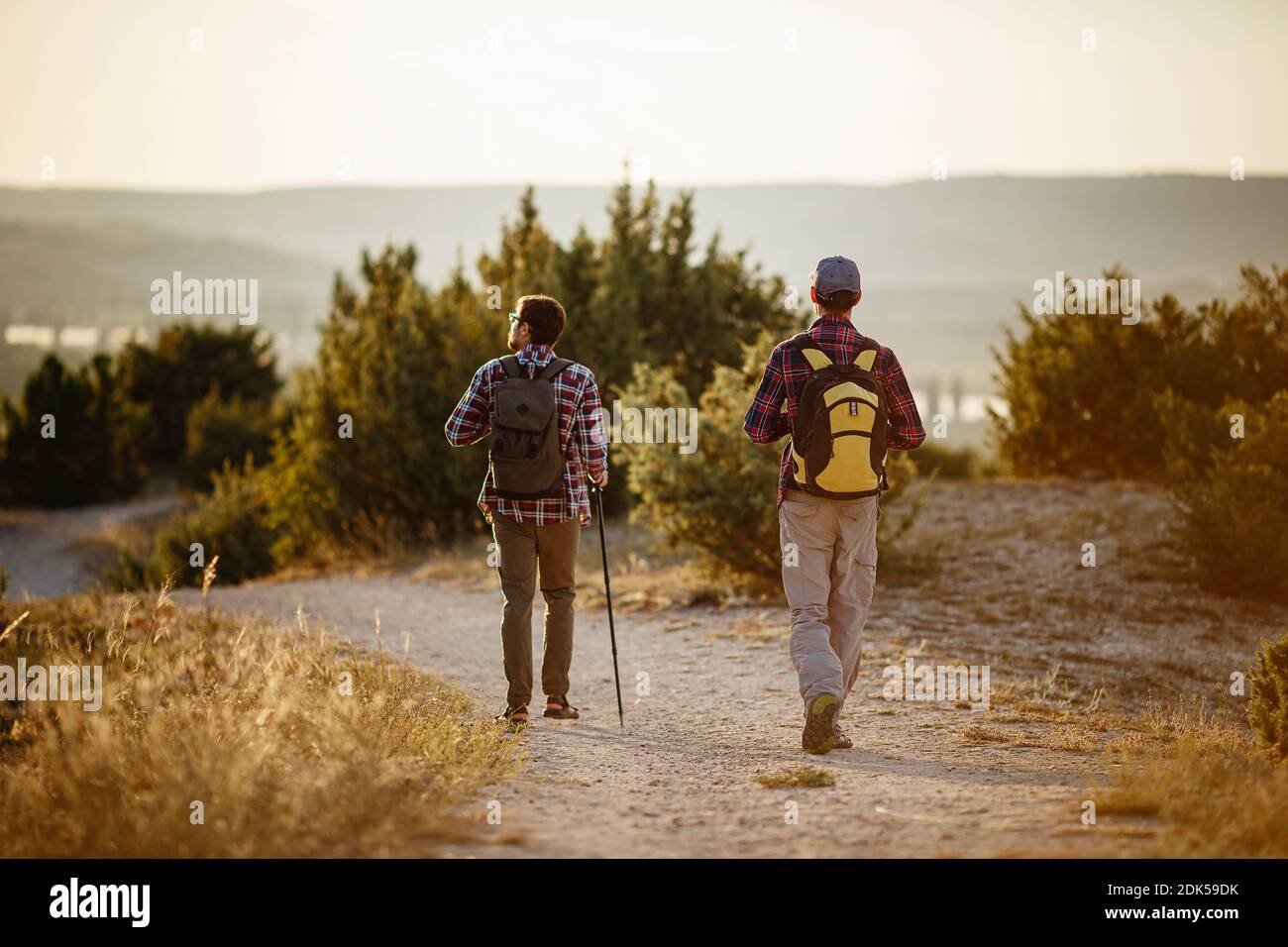 two men hikers enjoy a walk in nature, sunset time in summer. enjoying ...