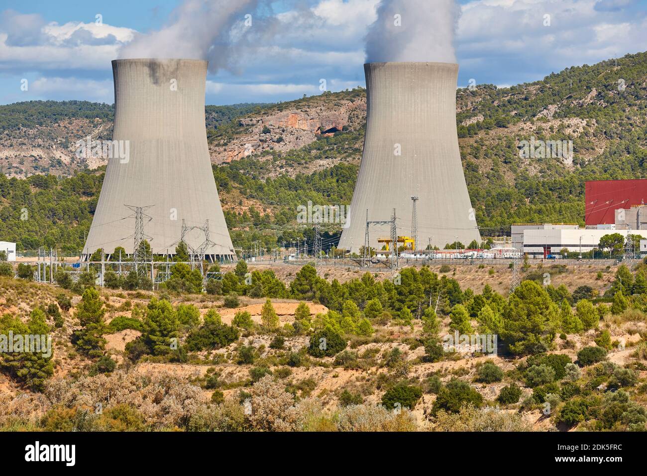Nuclear power plant chimneys with steam. Sustainable energy Stock Photo ...