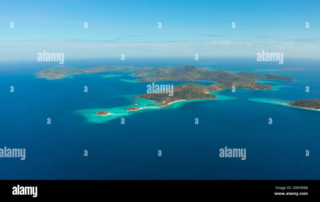 aerial seascape Lagoons with blue, azure water in middle of small ...