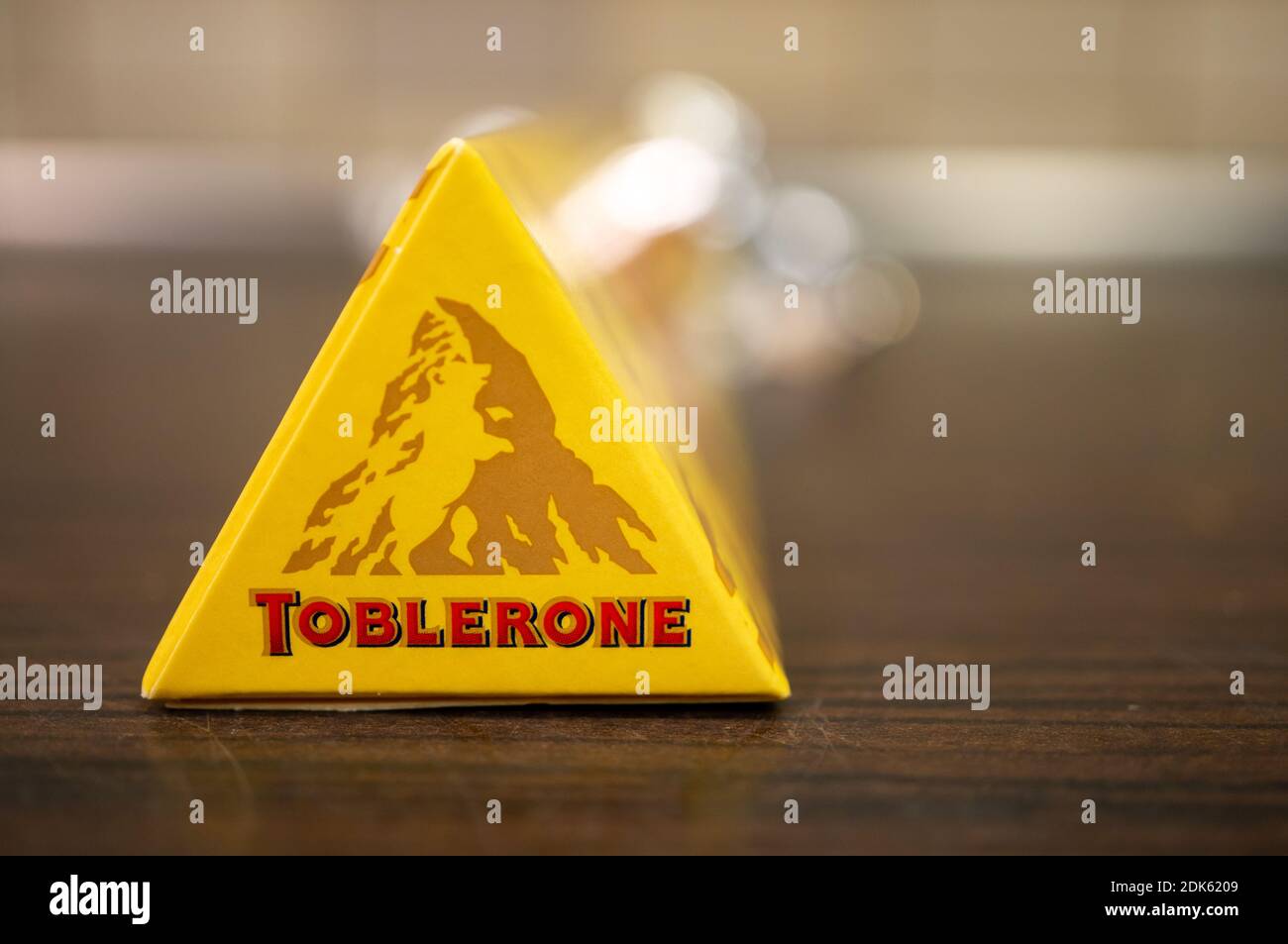 POZNAN, POLAND - Dec 12, 2020: Toblerone chocolate in a triangle shaped ...