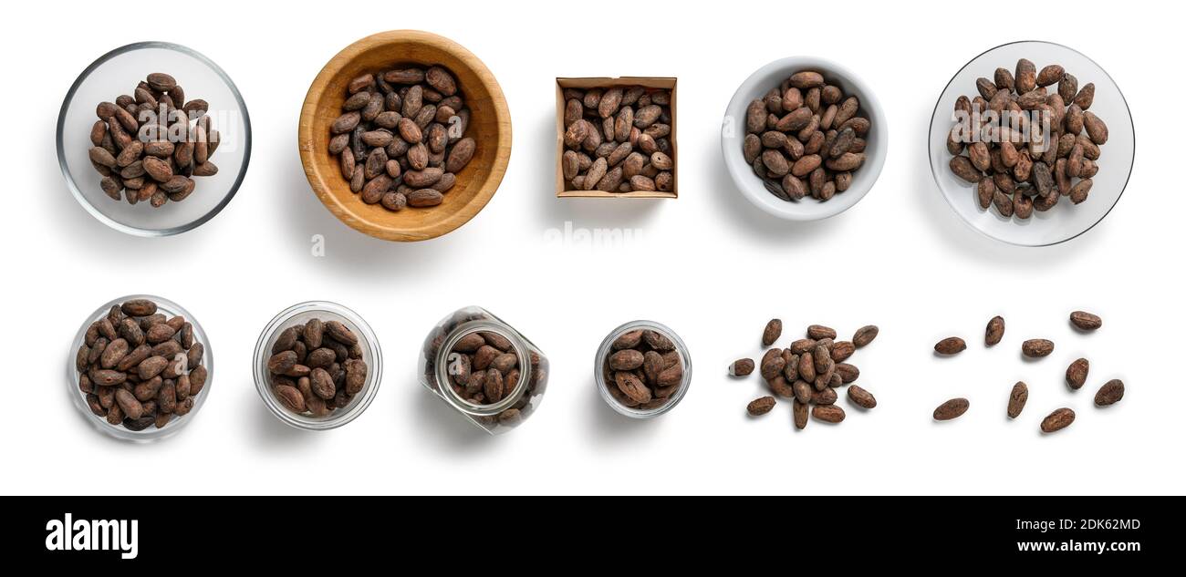 Cocoa beans in various containers on a white background. The view from ...