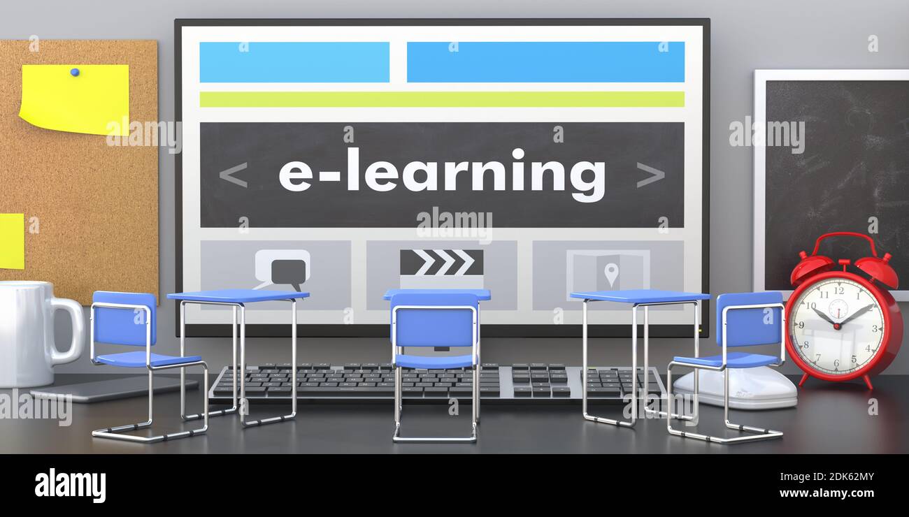 E learning, real time online virtual school class concept. Empty seats ...