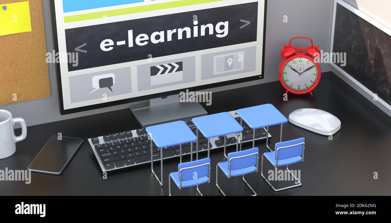 E learning, real time online virtual school class concept. Empty seats ...