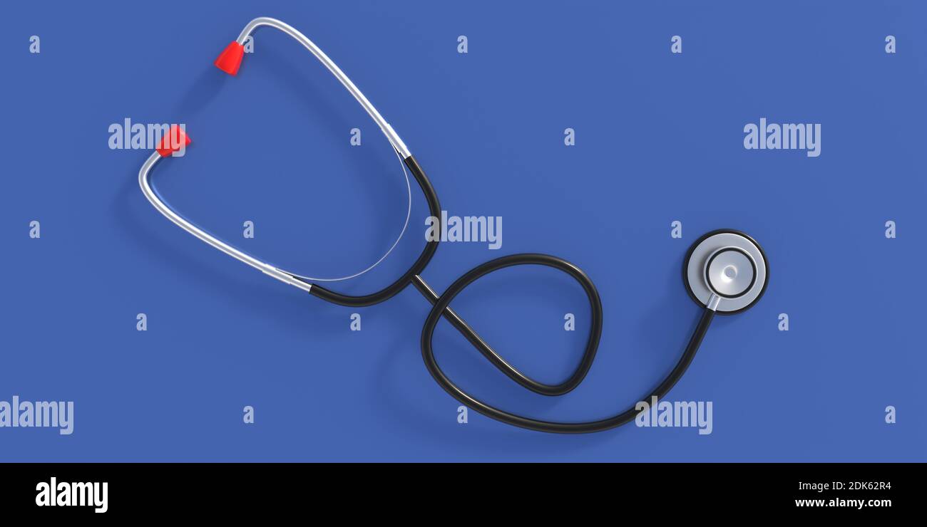 Stethoscope medical equipment on blue background, top view. Health ...