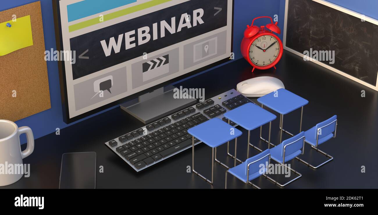 Webinar virtual, real time online training concept. Empty seats and a ...