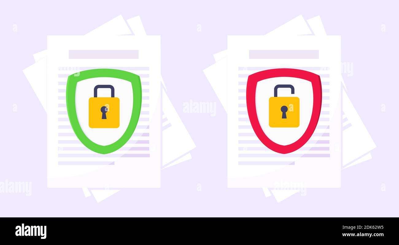 Shield with padlock on it security protection symbol in the magnifier circle glass set. Safety ...