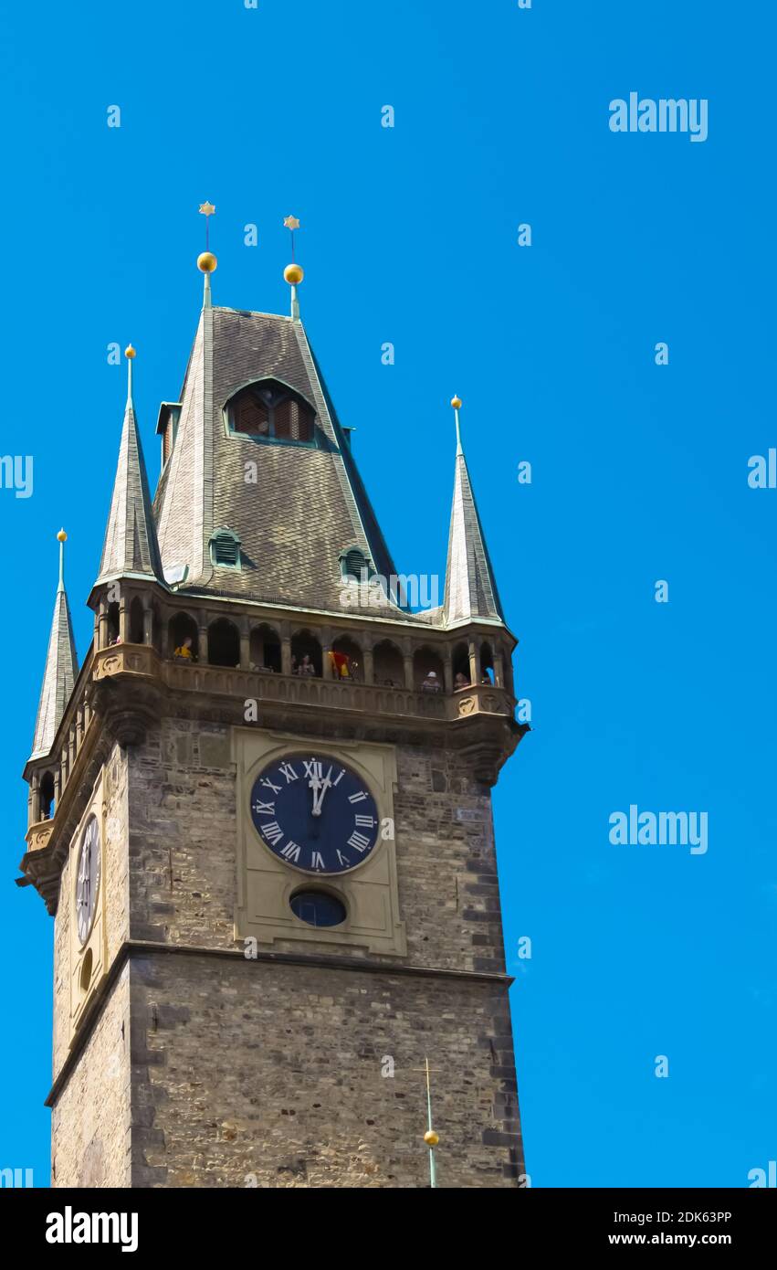 Prague City hall. Clock tower. Blue sky. Copy space Stock Photo - Alamy