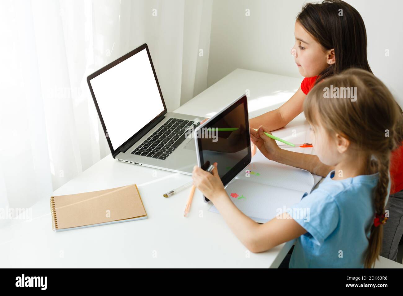 Cool online school. Kids studying online at home using a laptop ...