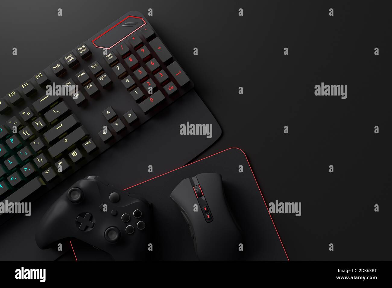 Top view of gamer workspace and gear like mouse, keyboard, joystick on ...