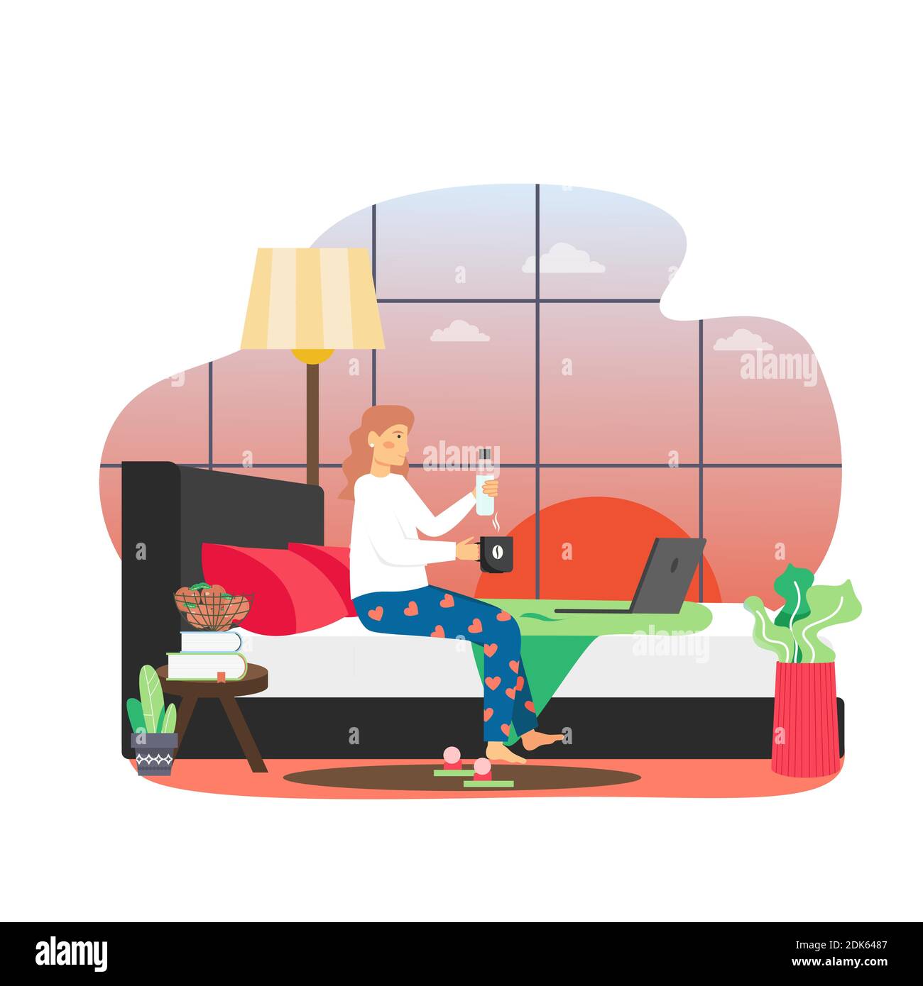 Daily life, morning routine. Woman sitting on bed with cup of coffee ...