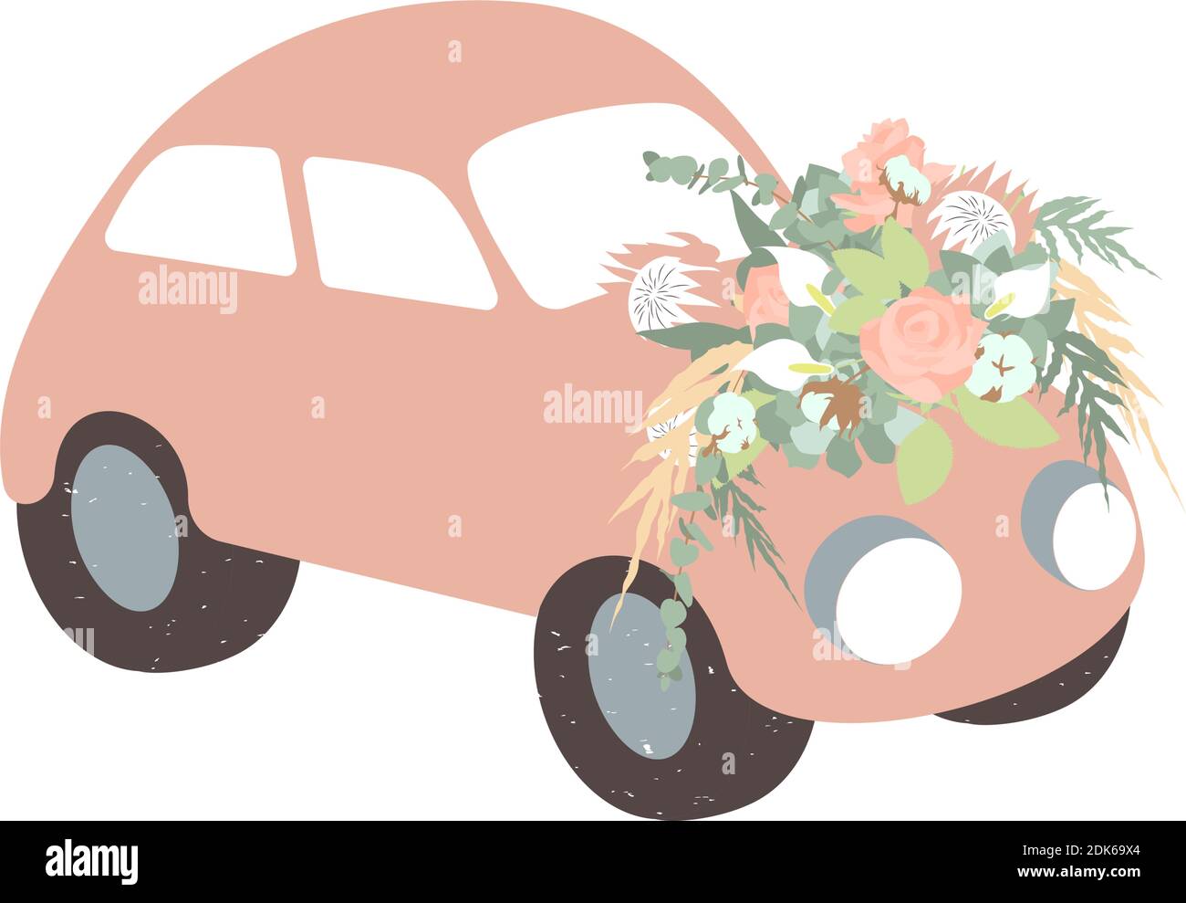 Elegant hand drawn pastel boho wedding car decorated with floral ...