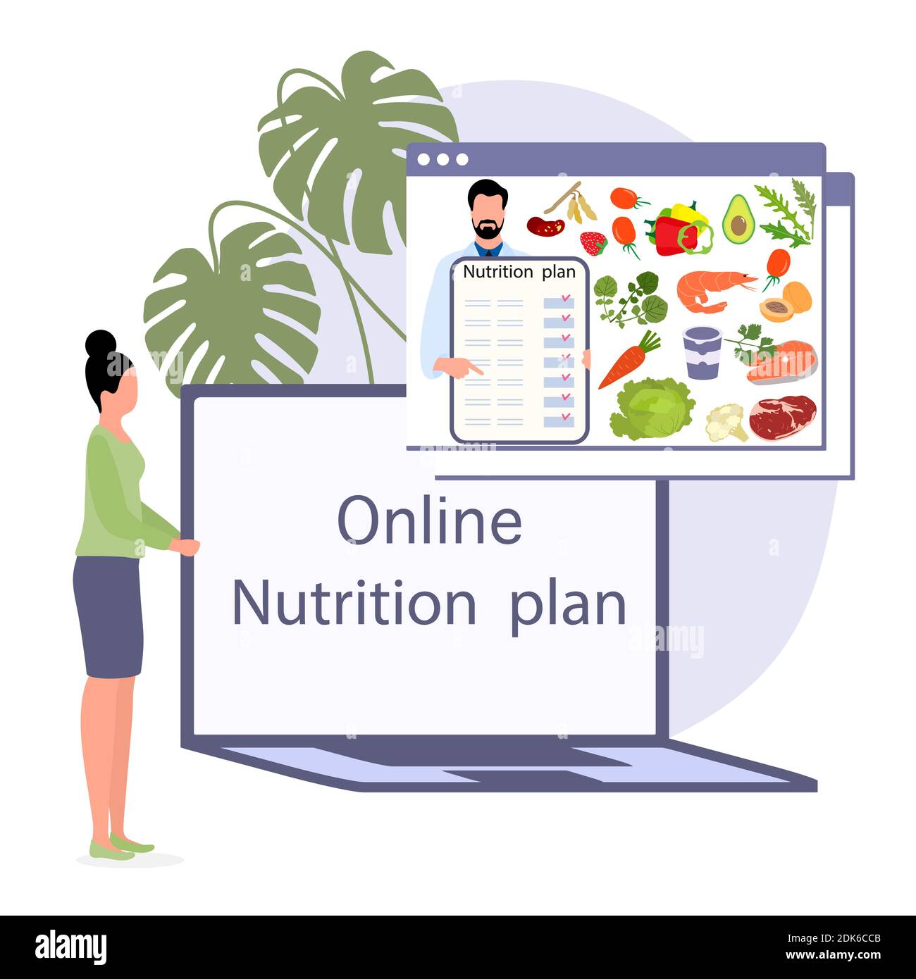 Vector illustration Nutrition Consultant Online explains diet to human ...