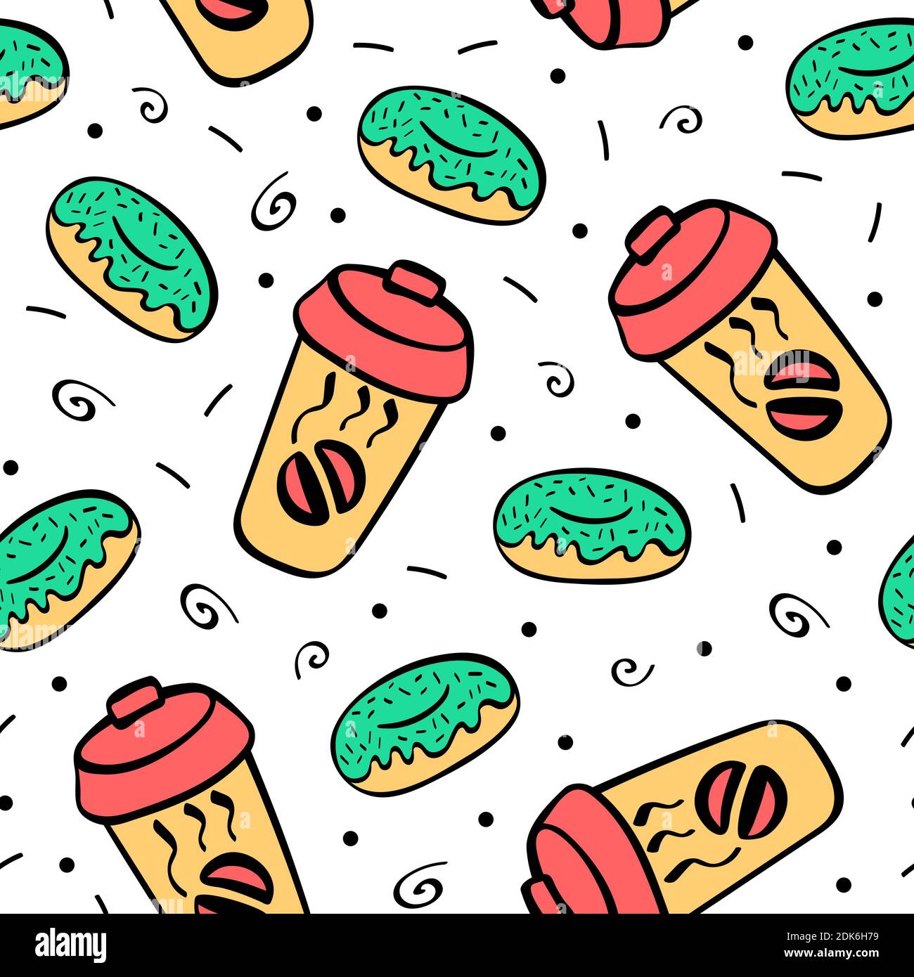 Seamless pattern with hand drawn donuts and coffee. Doodle background ...