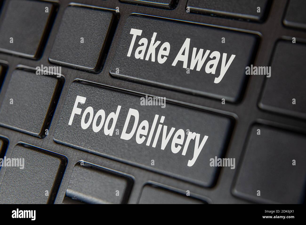 Computer keys labelled "take away" and "food delivery", choice of two ...