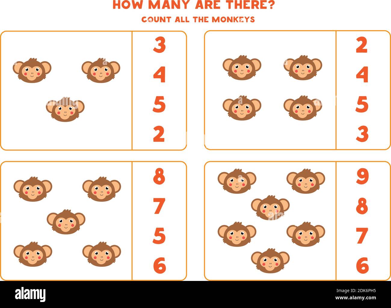 Count all monkey faces and circle the correct answer. Educational math ...