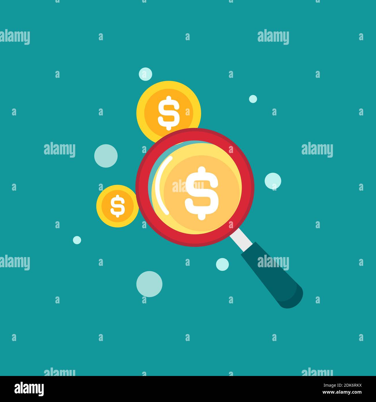 red magnifier glass with golden dollar coins. Catch, hunt, chase money ...