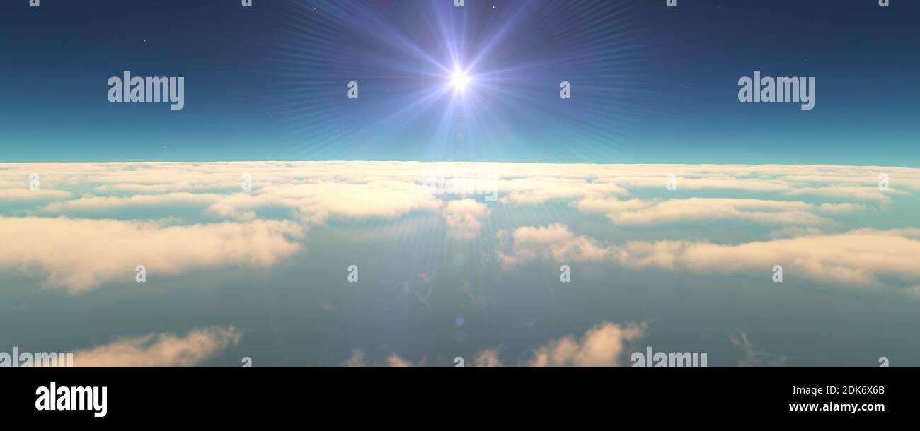 fly above clouds sunset landscape. 3d render illustration Stock Photo ...