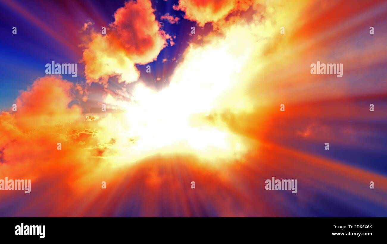 above clouds sun ray sunset. 3d render illustration Stock Photo - Alamy
