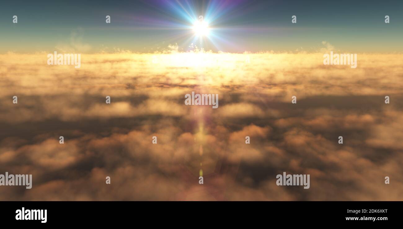 fly above clouds sunset landscape, 3d render illustration Stock Photo ...