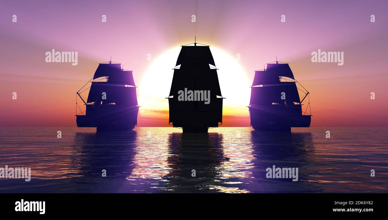 old three ships sunset at sea, 3d rendering illustration Stock Photo ...