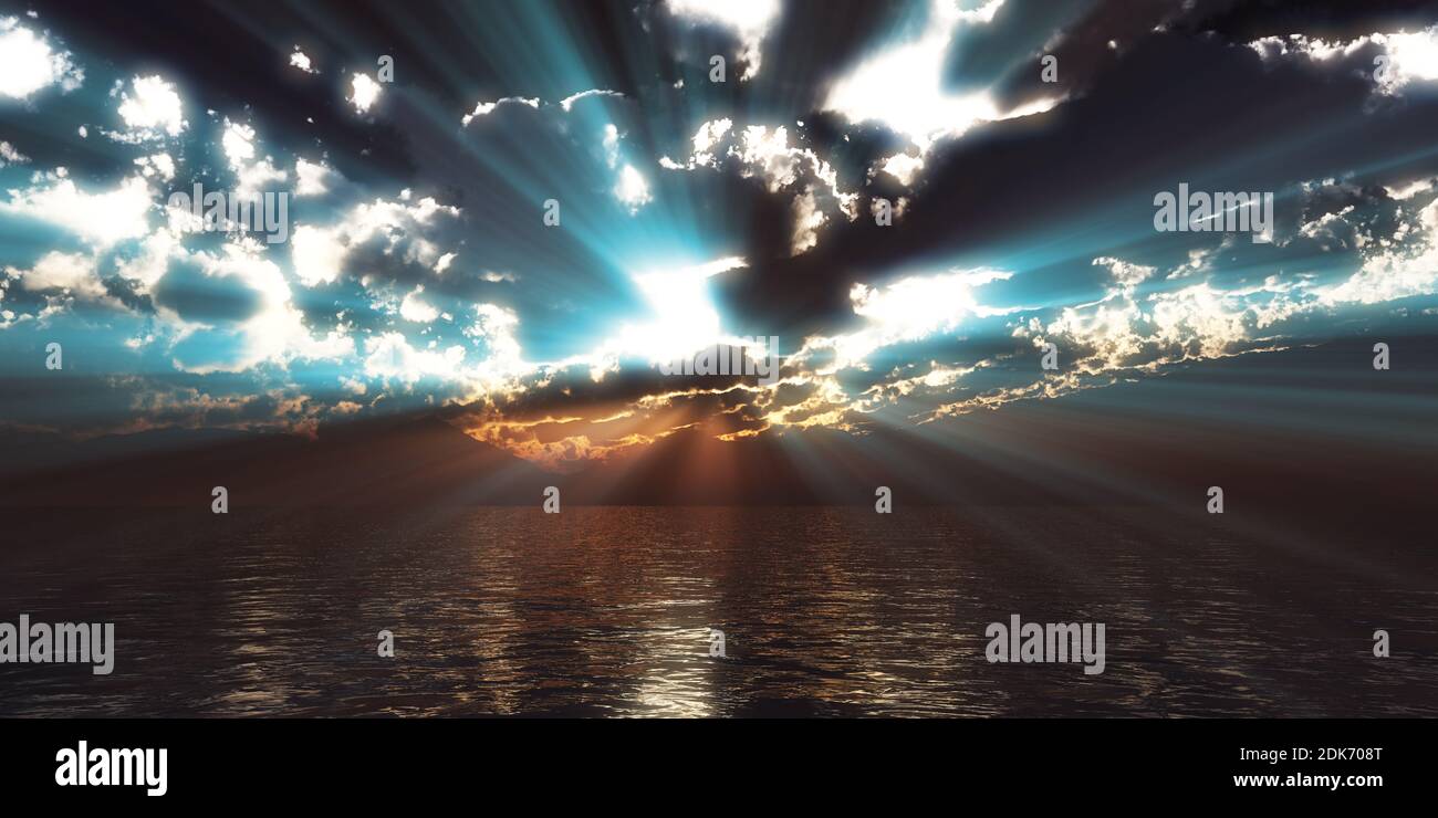 sunset sea sun ray clouds, 3d rendering illustration Stock Photo - Alamy