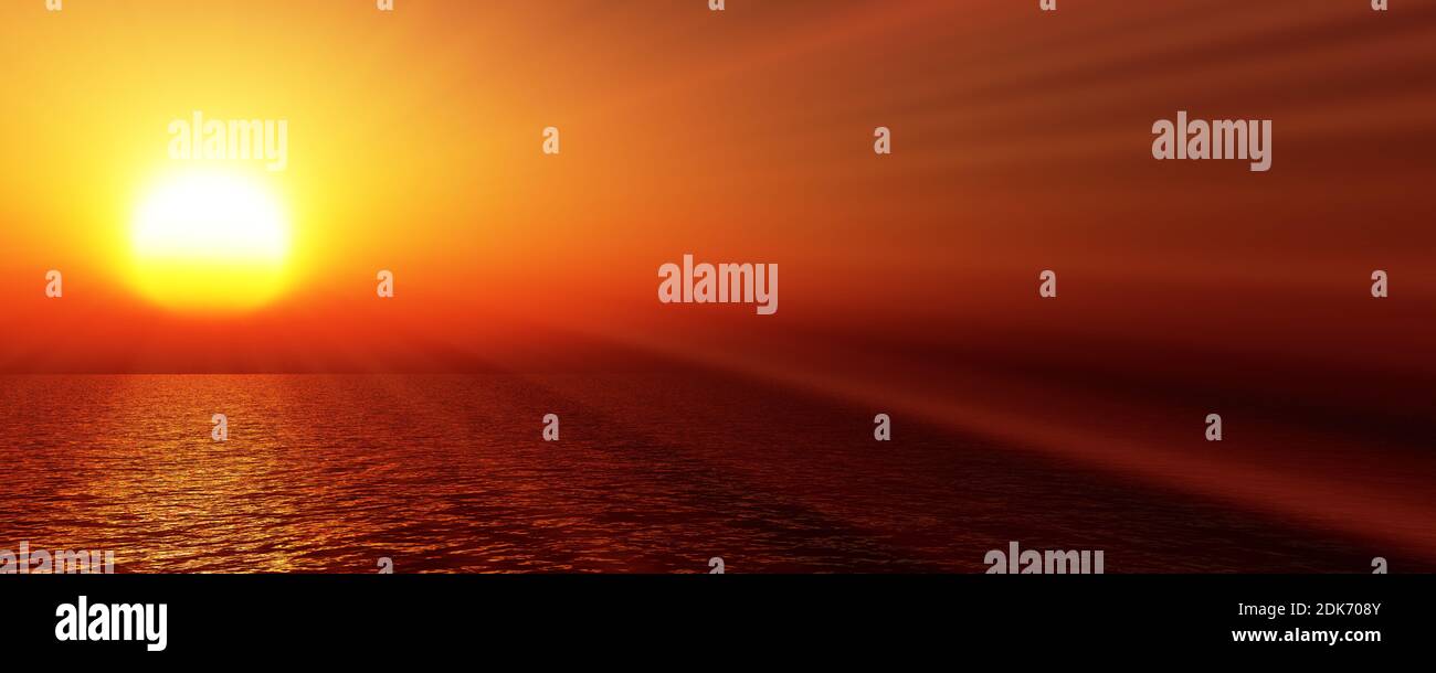 sunset sea sun ray clear sky, 3d rendering illustration Stock Photo - Alamy