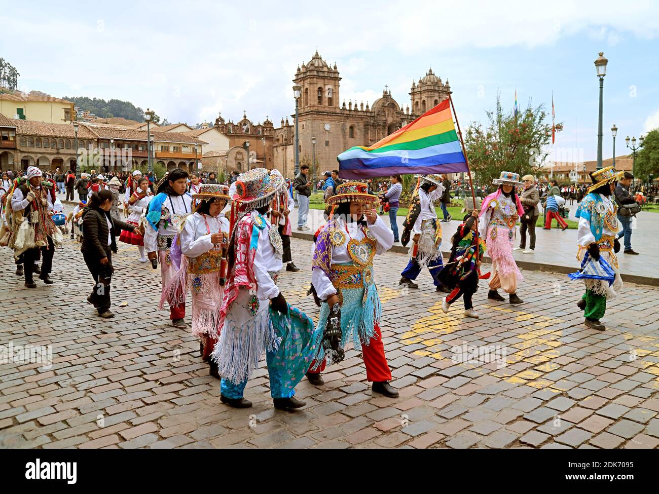 Peruvian Parade of Beautiful Traditional Outfits with Rainbow Flag ...
