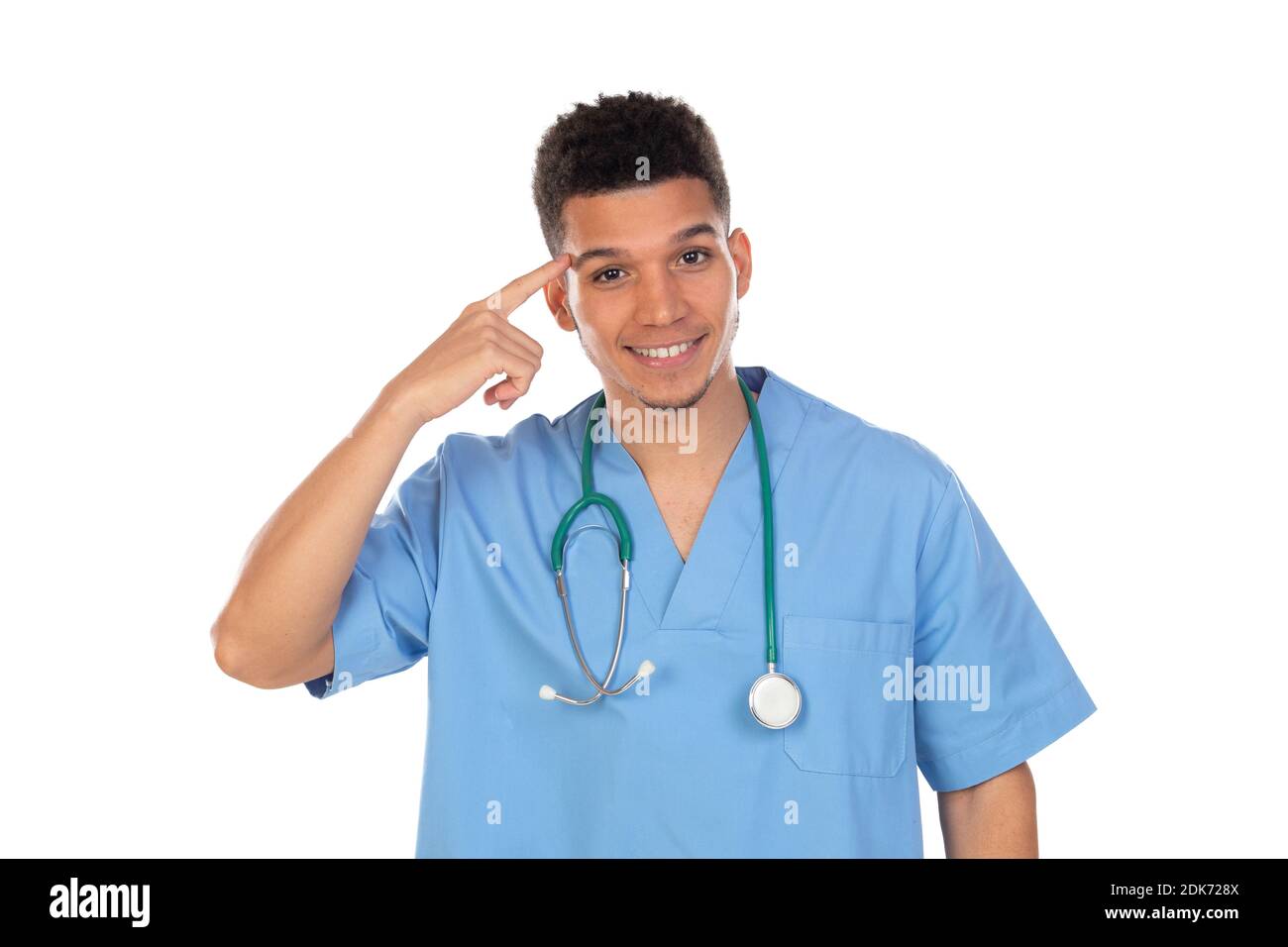 Young african doc with blue uniform isolated on a white background ...
