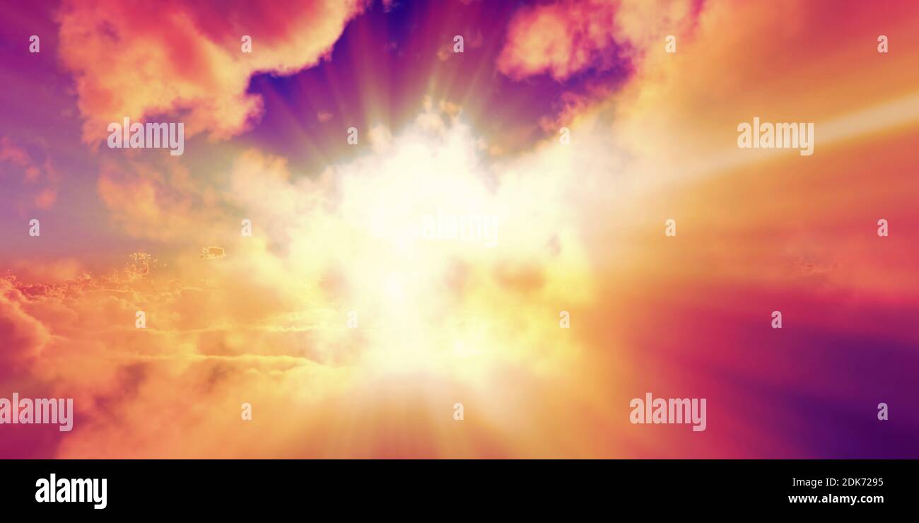 above clouds sun ray sunset. 3d render illustration Stock Photo - Alamy