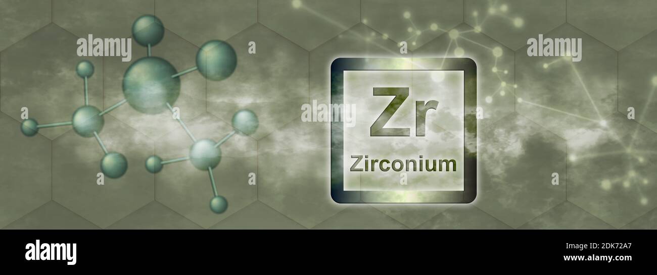 Zr symbol. Zirconium chemical element with molecule and network on grey ...