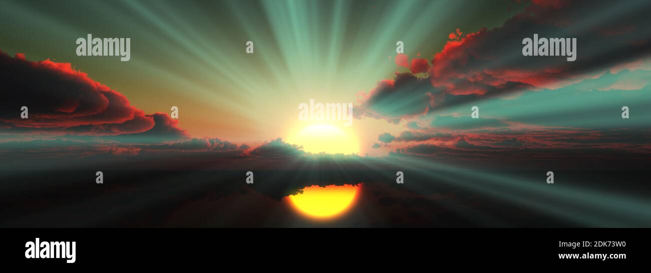 sunset calmly sea sun ray 3d render illustration Stock Photo - Alamy