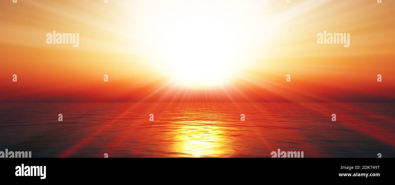sunset sea sun ray clear sky, 3d rendering illustration Stock Photo - Alamy
