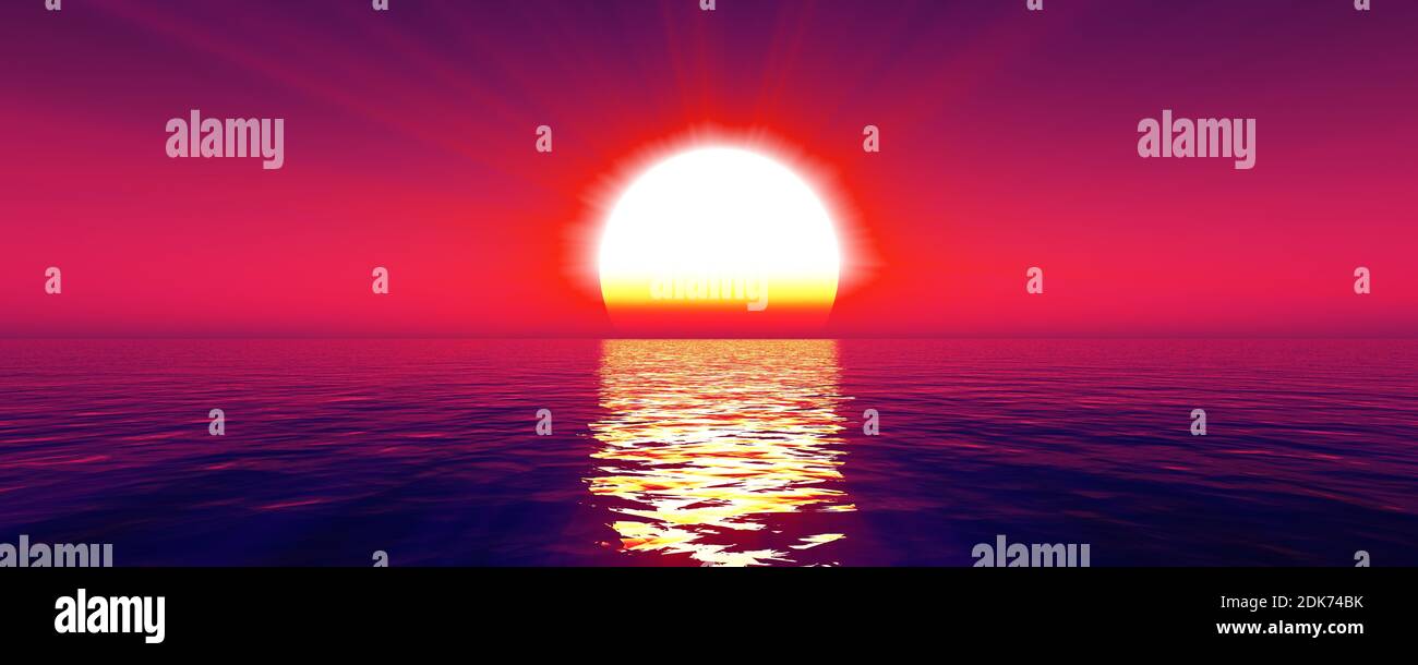 sunset sea sun ray clear sky, 3d rendering illustration Stock Photo - Alamy