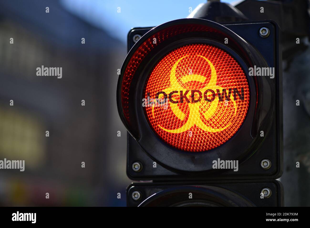 the red semaphore light with biohazard warning symbol and text LOCKDOWN ...
