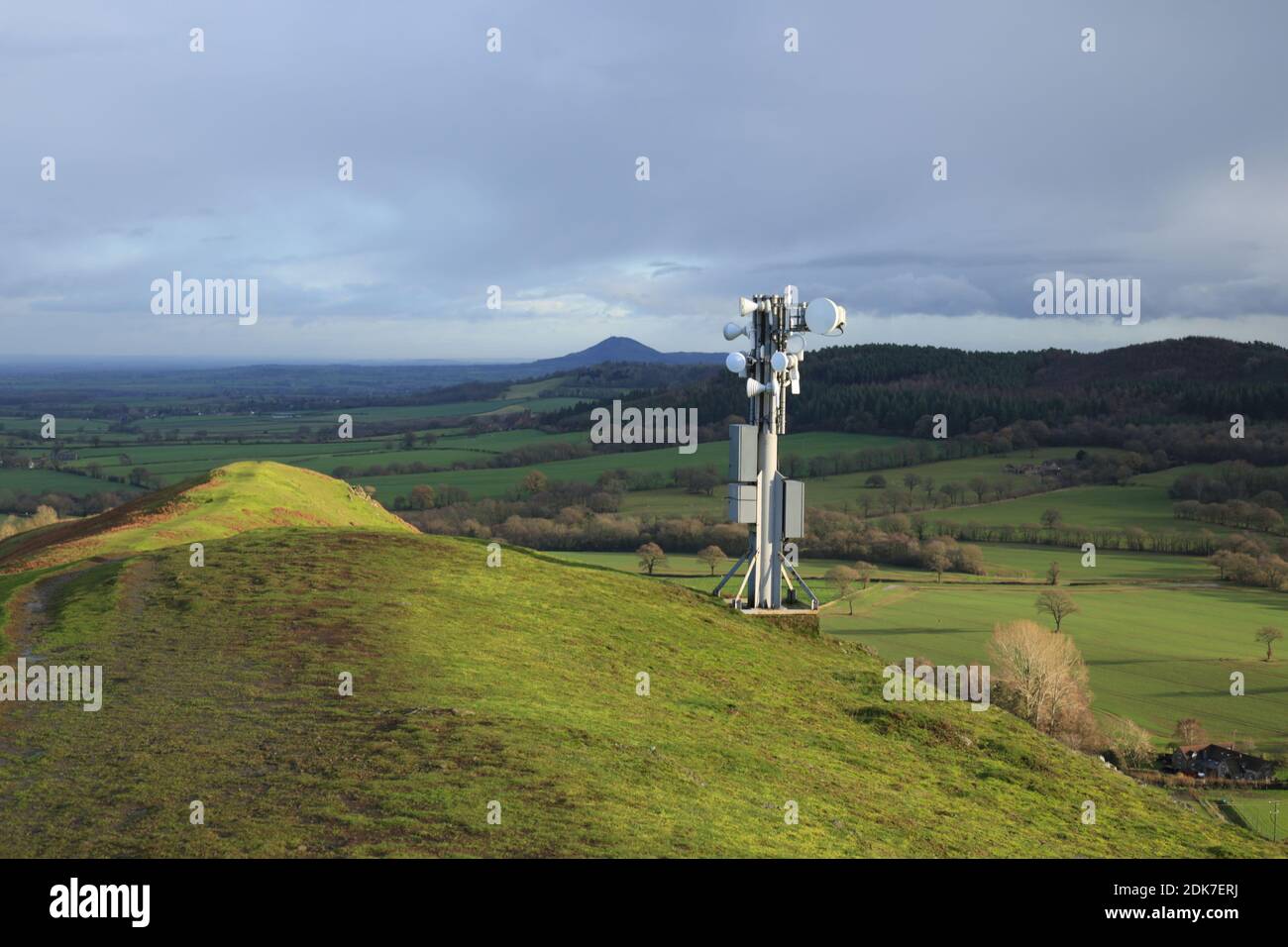 Communication tower on the Lawley, one of the Shropshire hills, England ...
