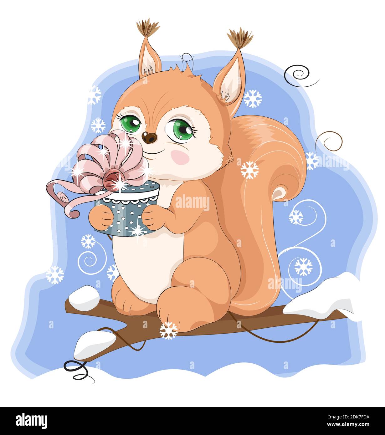 Cute baby winter squirrel with gifts on branch, picture in hand drawing ...