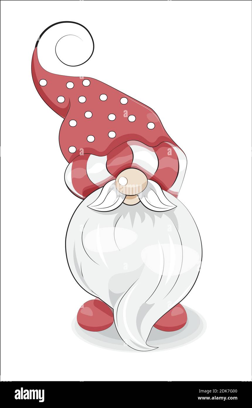 Cute funny gnome with big beard and big cap, picture in hand drawing ...
