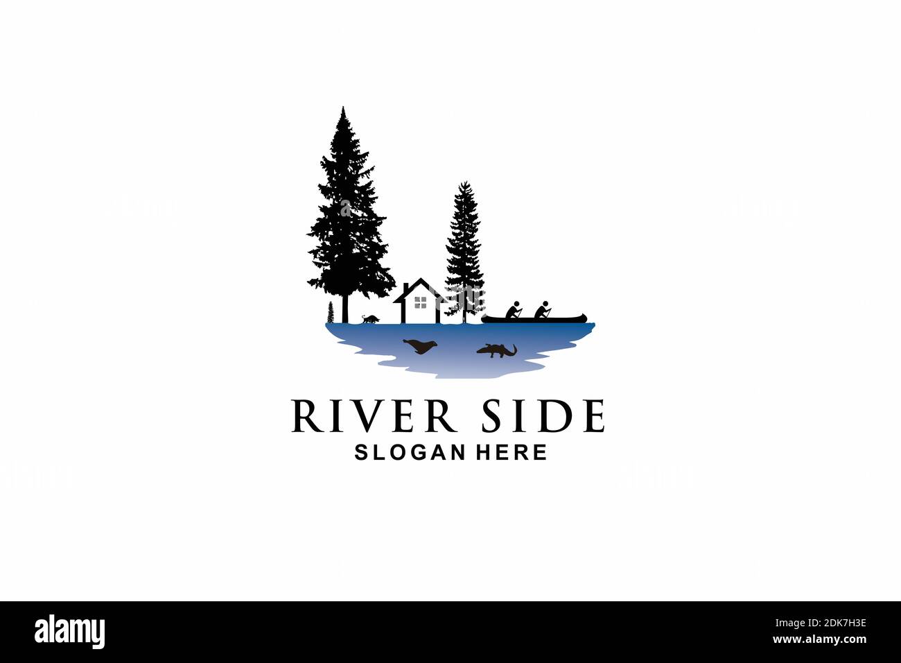 River side pine tree with man's paddle, icon symbol for camping or ...