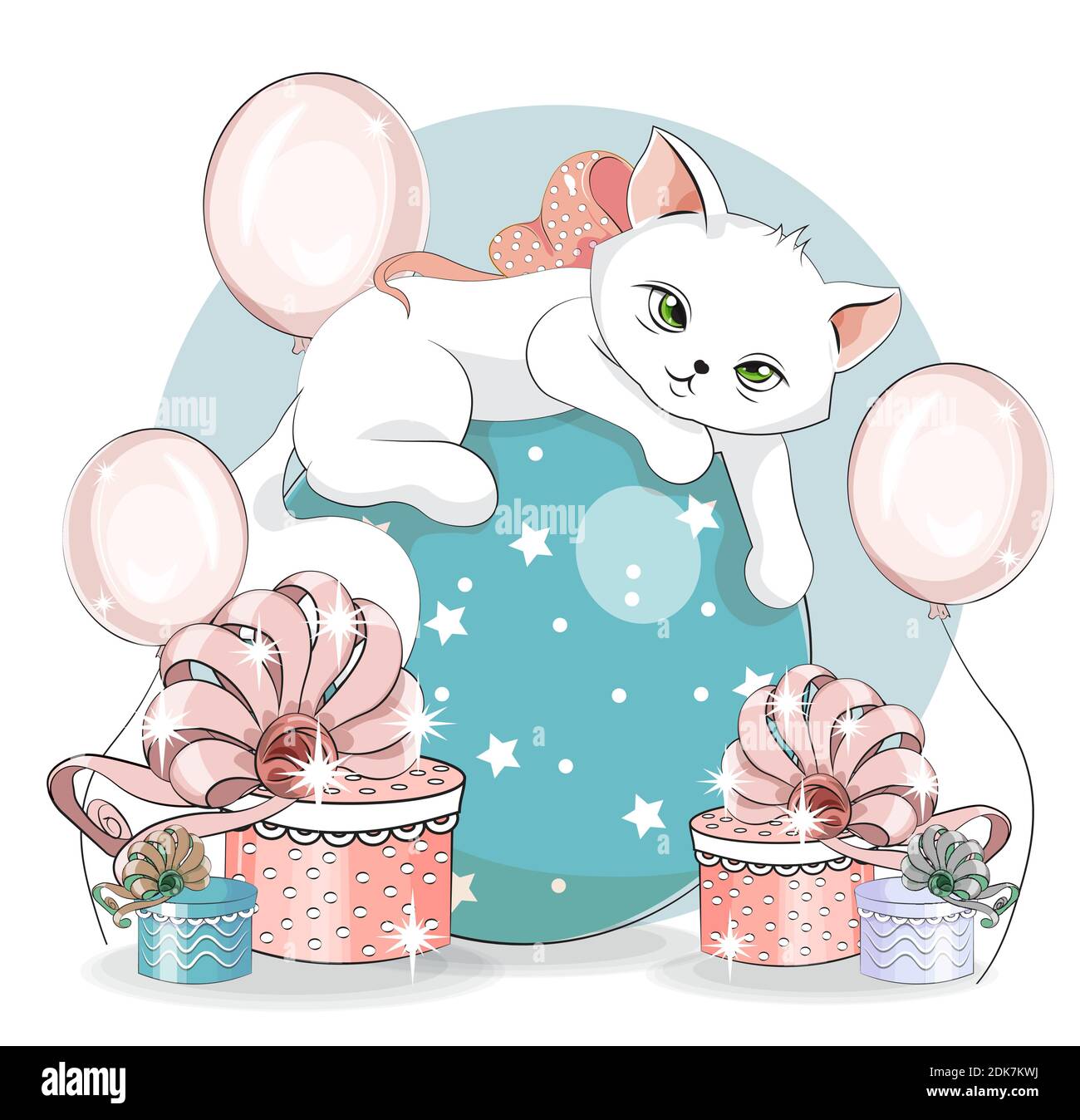 Happy birthday cute white cat, kitten on ball. Picture in hand drawing ...