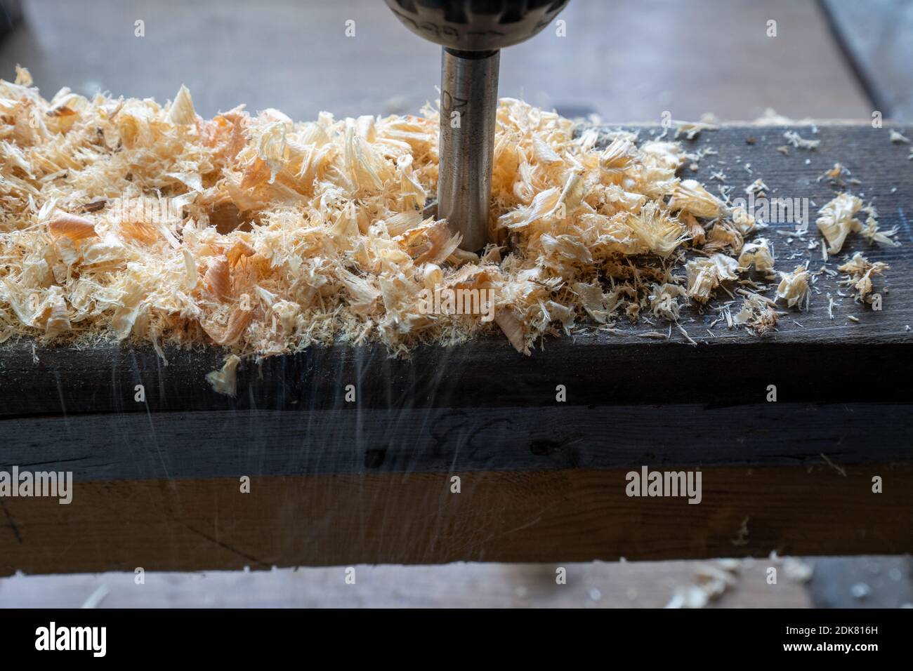 wood processing, auger drilling, close up with copy space Stock Photo ...