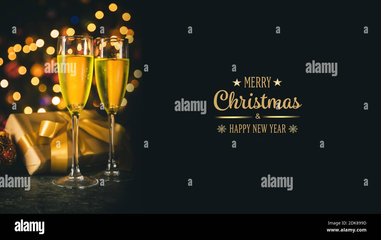 Christmas background with decoration and champagne. Selective focus ...