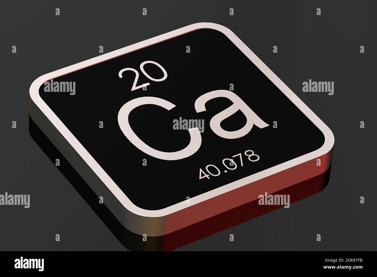 Calcium element from periodic table on black square block, 3D rendering ...