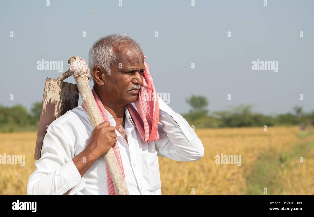 Indian farmer with hand hoe on his shoulder holding towel to his face ...