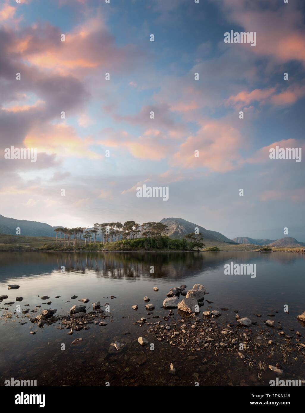 vertical composition. landscape. view of Derryclare lake in Galway ...