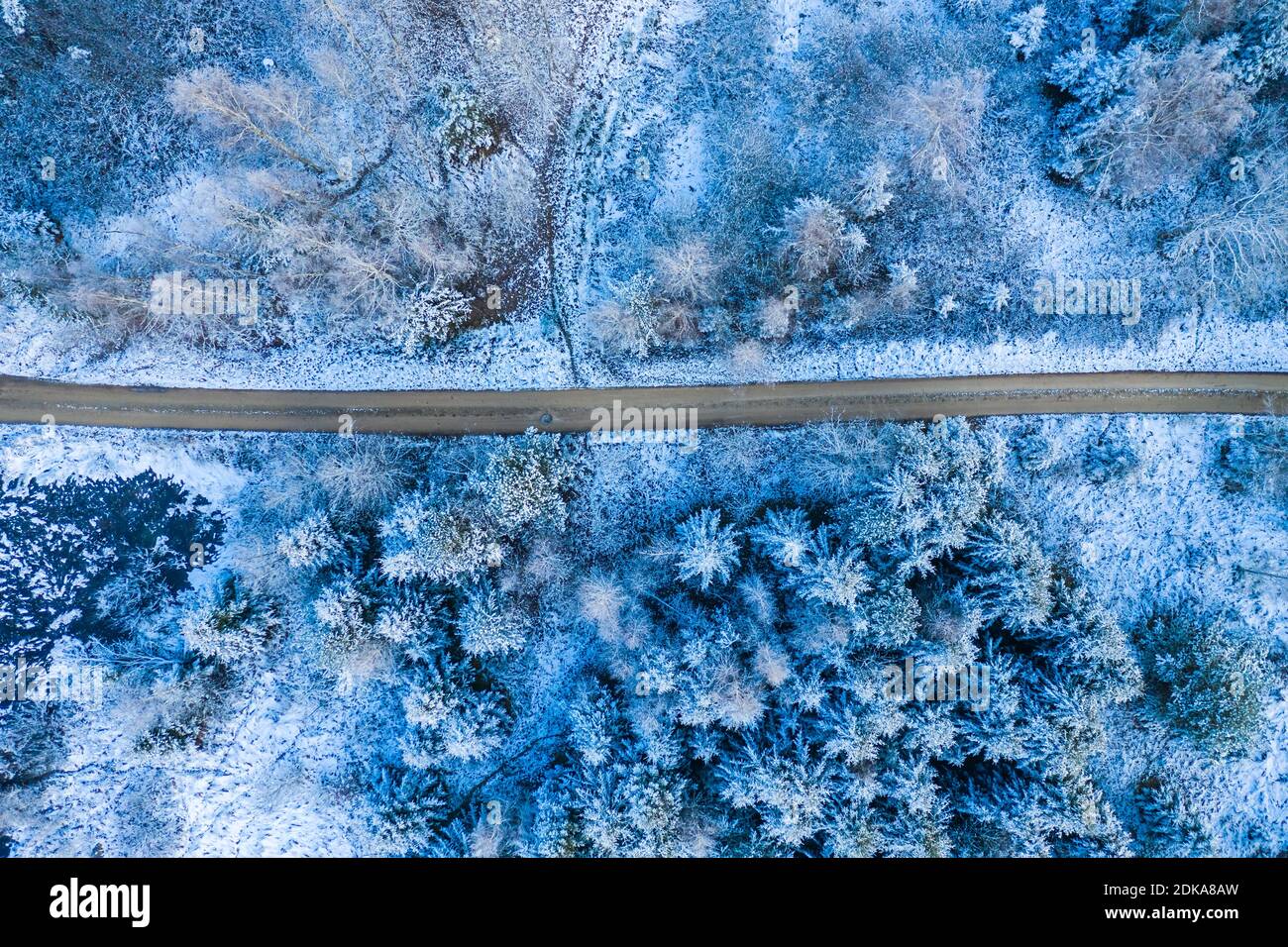 Windy winter road in snow covered forest, top down aerial view Stock ...
