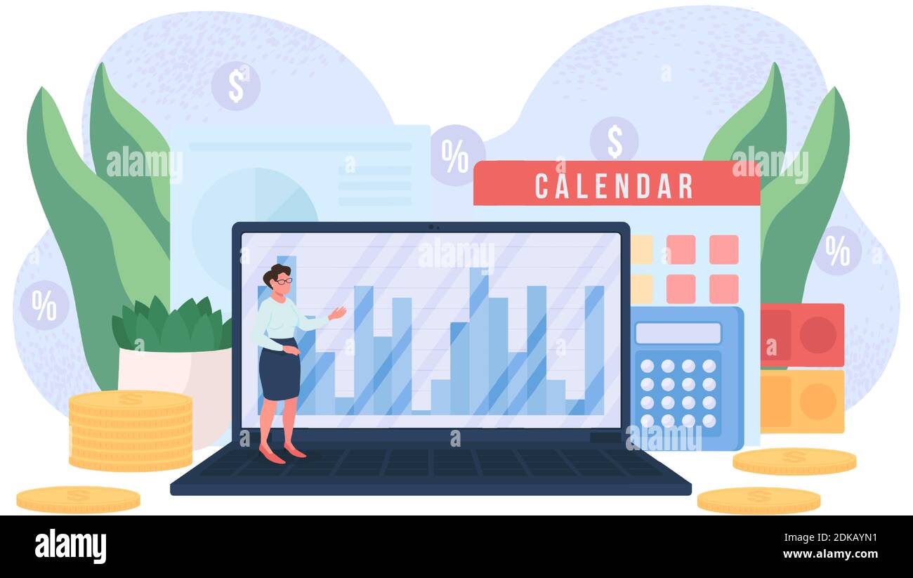 Accountant flat concept vector illustration. Woman with computer. Money ...